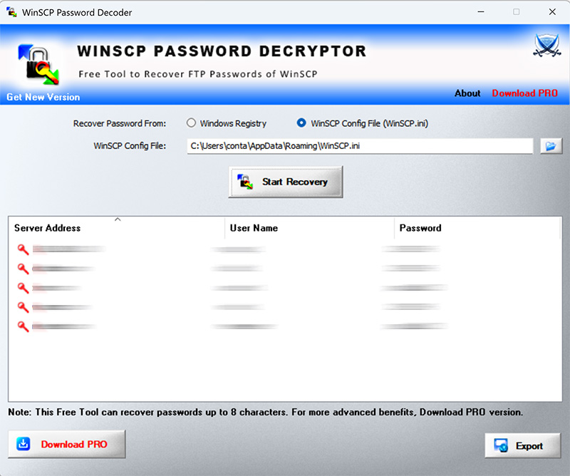 WinSCPPasswordDecoder showing recovered passwords