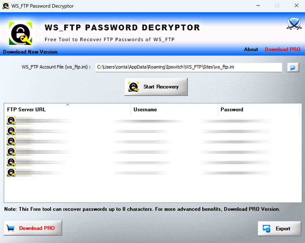 WS_FTPPasswordDecryptor showing recovered passwords
